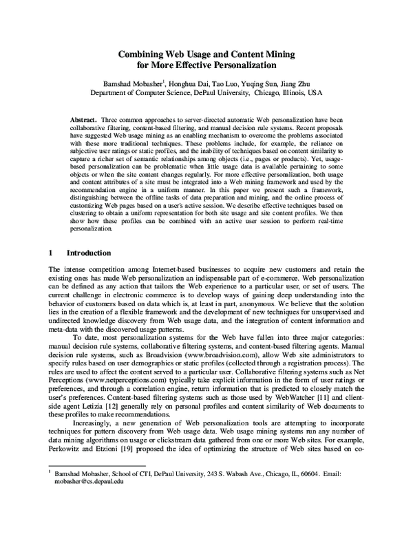 (PDF) Combining Web Usage and Content Mining for More Effective Personalization