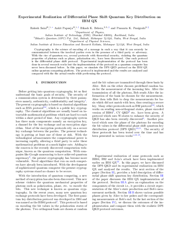 (PDF) Experimental Realization of Differential Phase Shift Quantum Key Distribution on IBM QX