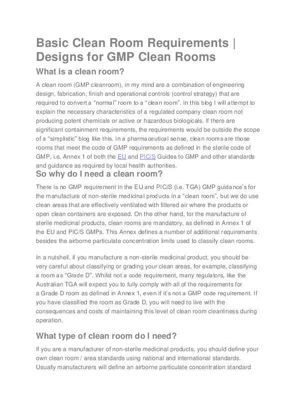 (DOC) Basic Clean Room Requirements