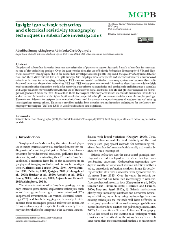 Pdf Insight Into Seismic Refraction And Electrical Resistivity Tomography Techniques In
