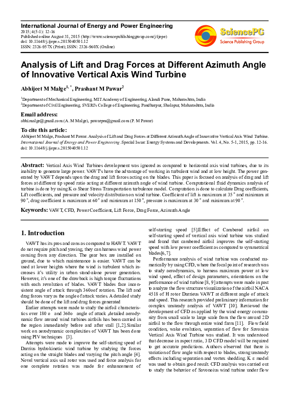 (PDF) Analysis of Lift and Drag Forces at Different Azimuth Angle of ...