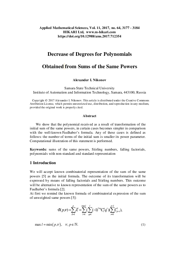 (PDF) Decrease of Degrees for Polynomials Obtained from Sums of the ...