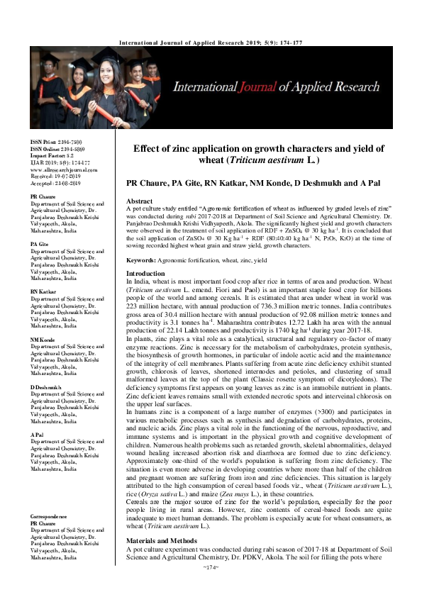 Pdf Effect Of Zinc Application On Growth Characters And Yield Of Wheat Triticum Aestivum L