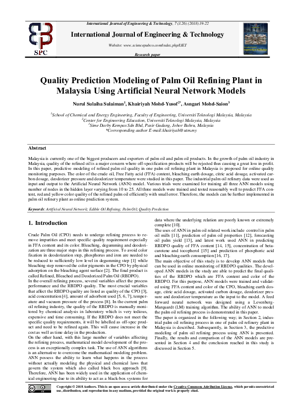 Pdf Quality Prediction Modeling Of Palm Oil Refining Plant In Malaysia Using Artificial Neural
