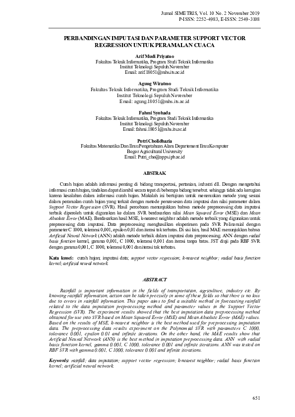 (PDF) PERBANDINGAN IMPUTASI DAN PARAMETER SUPPORT VECTOR REGRESSION UNTUK PERAMALAN CUACA