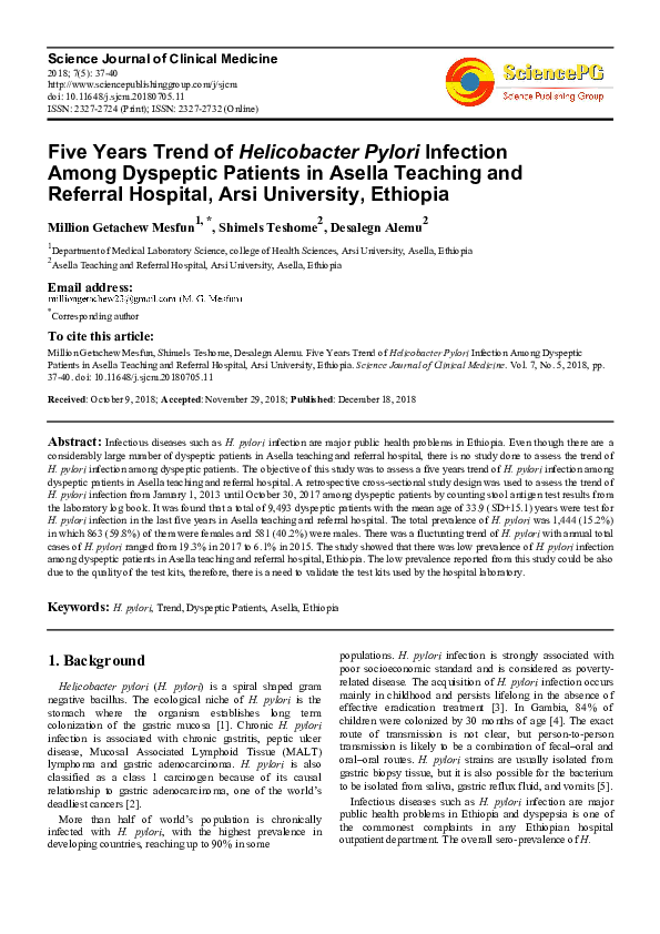 (PDF) Five Years Trend of Helicobacter Pylori Infection Among Dyspeptic ...