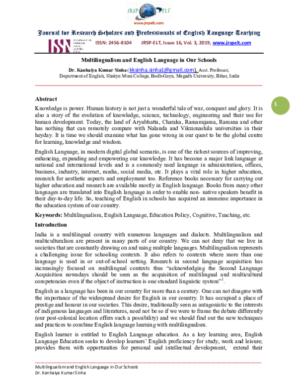 Pdf Multilingualism And English Language In Our Schools