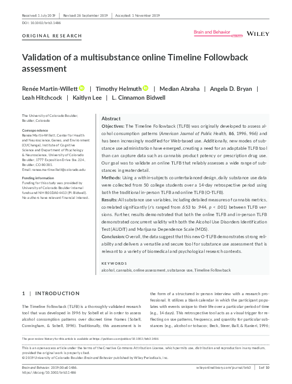 (PDF) Validation of a multisubstance online Timeline Followback assessment