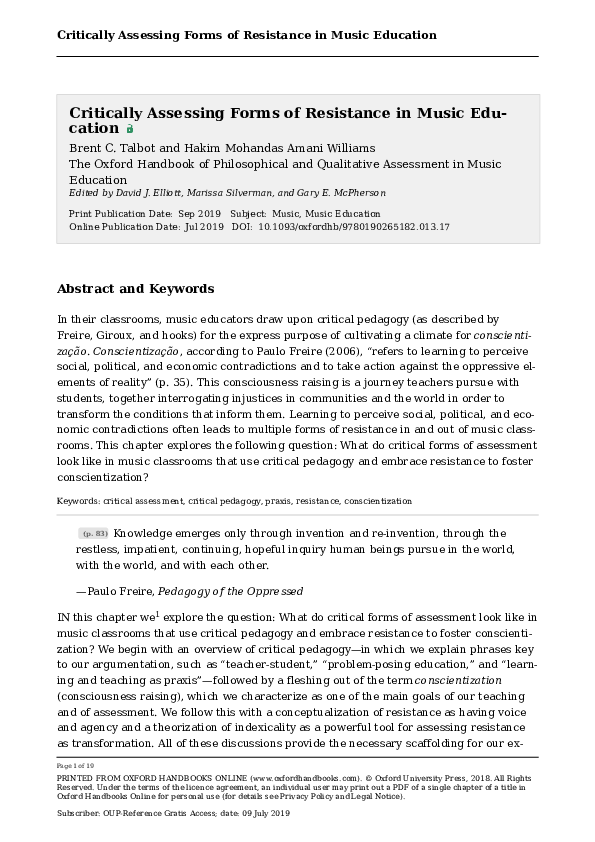 (PDF) Critically Assessing Forms of Resistance in Music Education