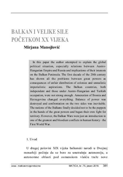 (PDF) Balkan i velike sile početkom XX vijeka