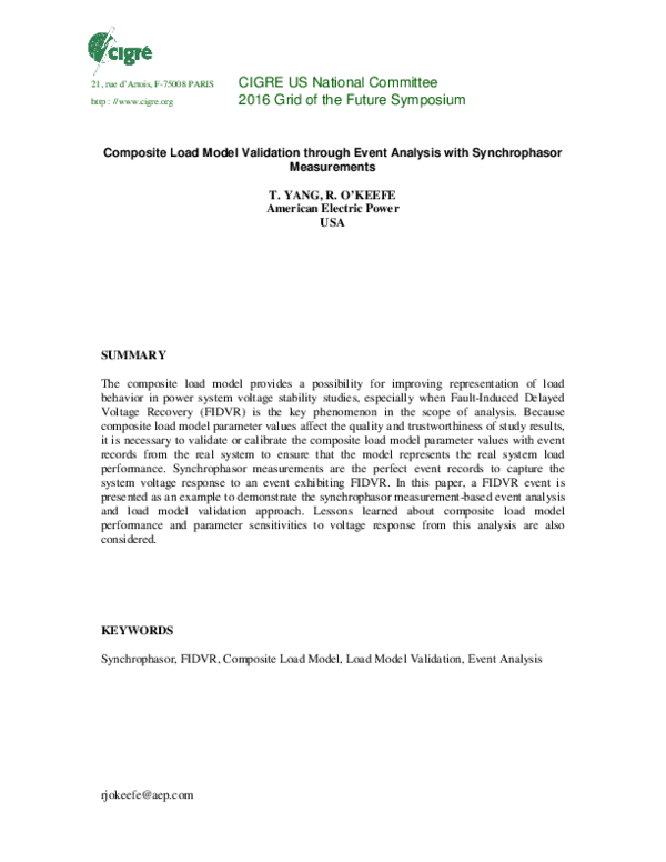 Pdf Composite Load Model Validation Through Event Analysis With Synchrophasor Measurements