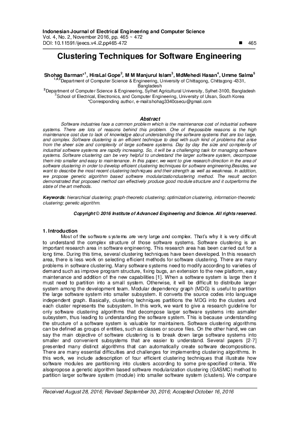 (PDF) Clustering Techniques for Software Engineering