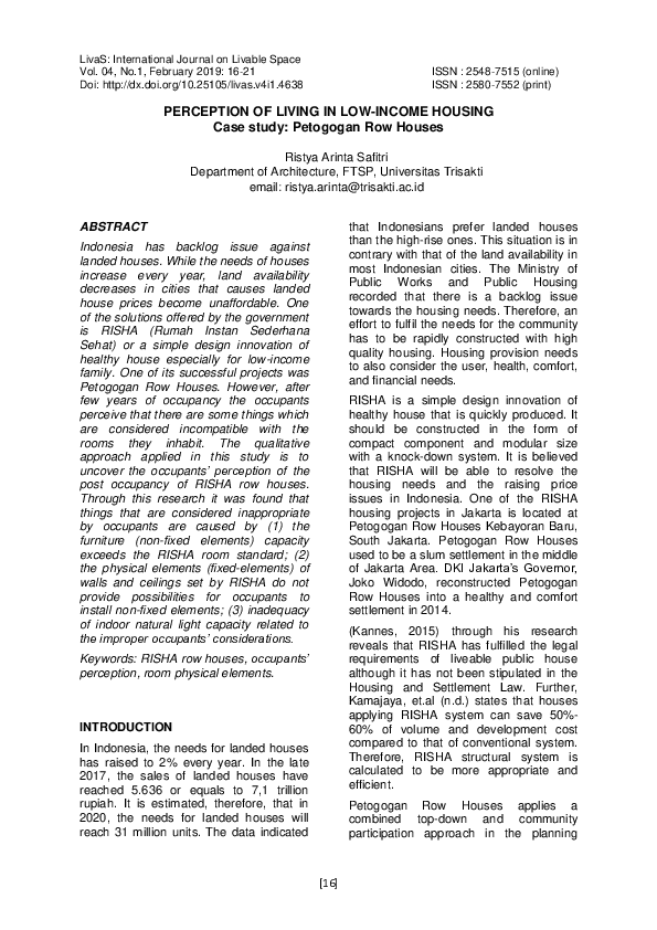 (PDF) PERCEPTION OF LIVING IN LOW-INCOME HOUSING Case study: Petogogan ...