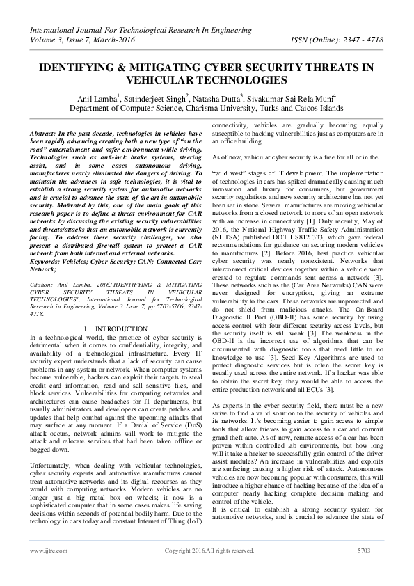 (PDF) IDENTIFYING & MITIGATING CYBER SECURITY THREATS IN VEHICULAR ...