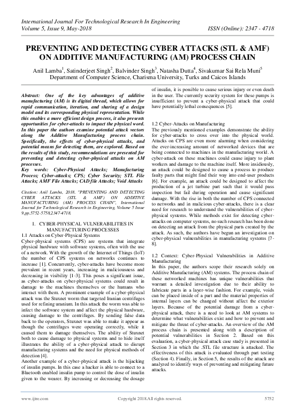 (PDF) PREVENTING AND DETECTING CYBER ATTACKS (STL & AMF) ON ADDITIVE MANUFACTURING (AM) PROCESS ...