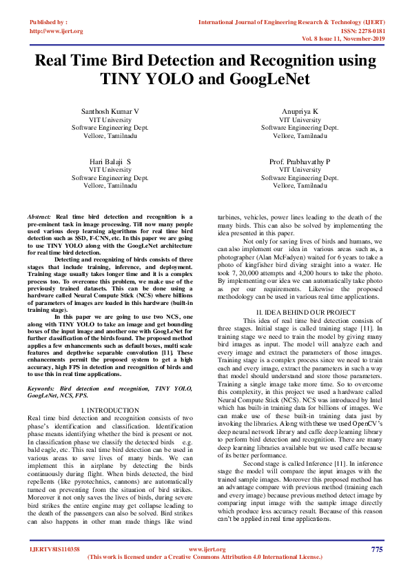 (PDF) IJERT-Real Time Bird Detection and Recognition using TINY YOLO and GoogLeNet