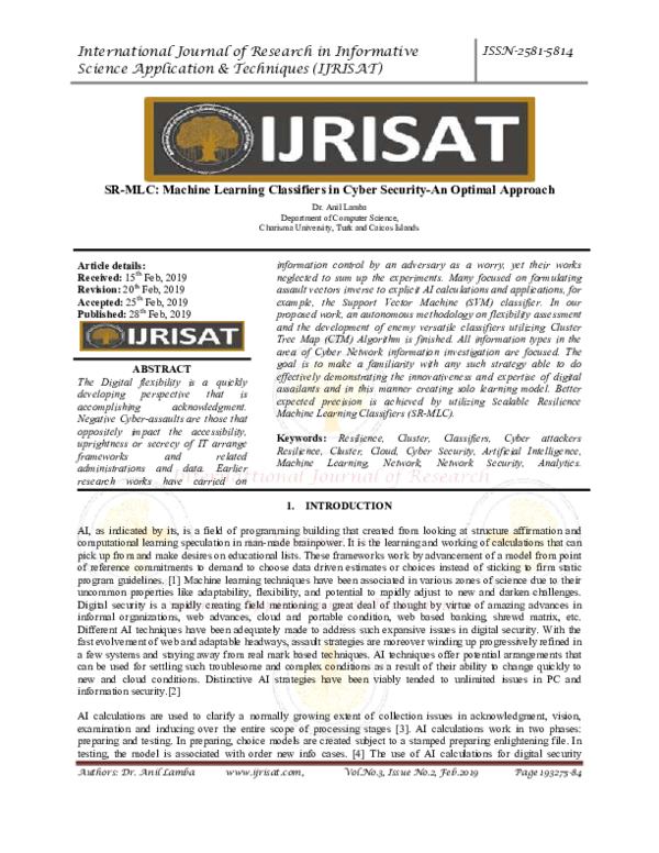 (PDF) SR-MLC: Machine Learning Classifiers in Cyber Security-An Optimal Approach