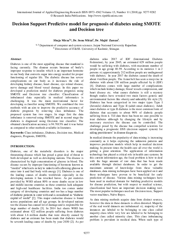 Pdf Decision Support Predictive Model For Prognosis Of Diabetes Using Smote And Decision Tree