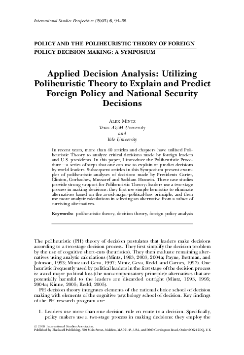 (PDF) Applied Decision Analysis: Utilizing Poliheuristic Theory to ...