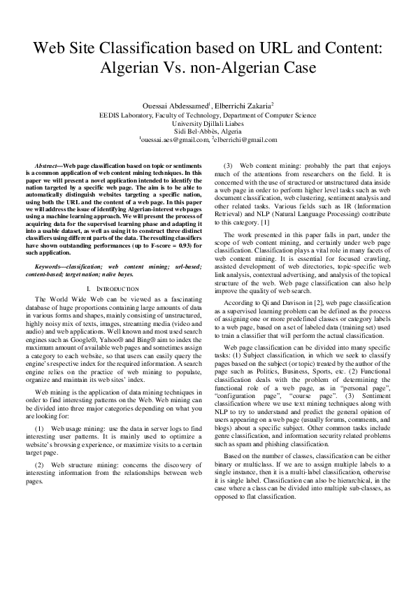 (PDF) Web Site Classification based on URL and Content:Algerian Vs. non-Algerian Case