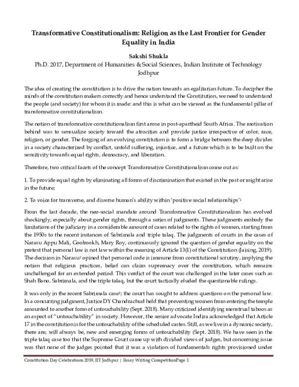 (PDF) Transformative Constitutionalism: Religion as the Last Frontier for Gender Equality in India