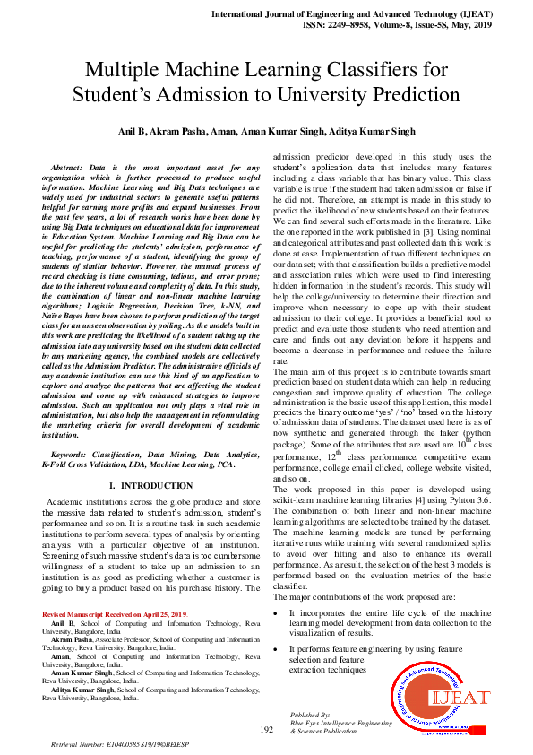 (PDF) Multiple Machine Learning Classifiers for Student’s Admission to ...