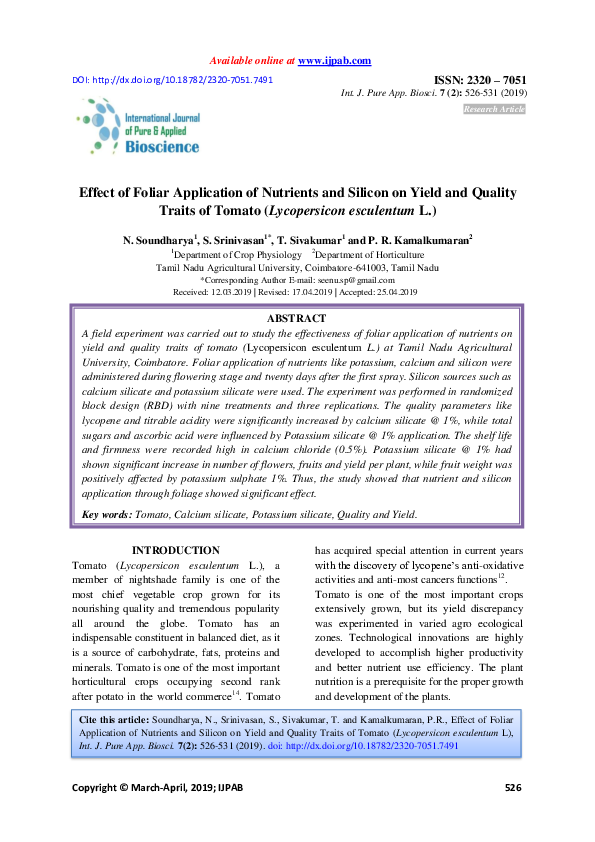 Pdf Effect Of Foliar Application Of Nutrients And Silicon On Yield