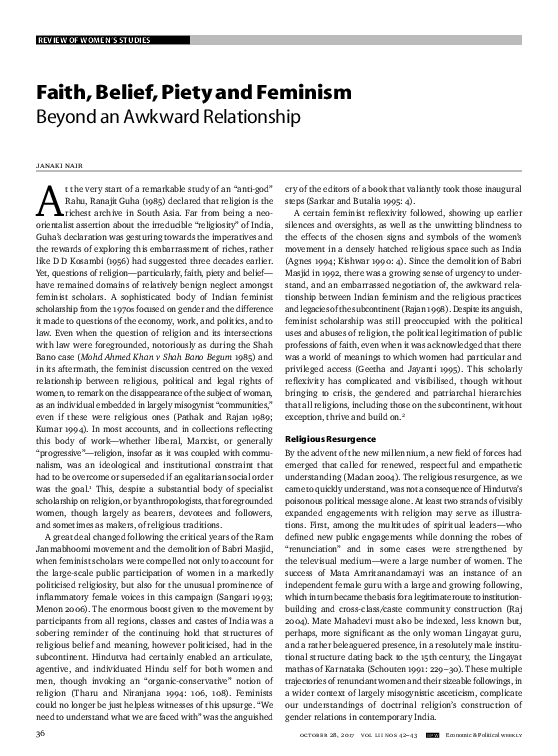 (PDF) Faith, Belief, Piety and Feminism: Beyond an Awkward Relationship