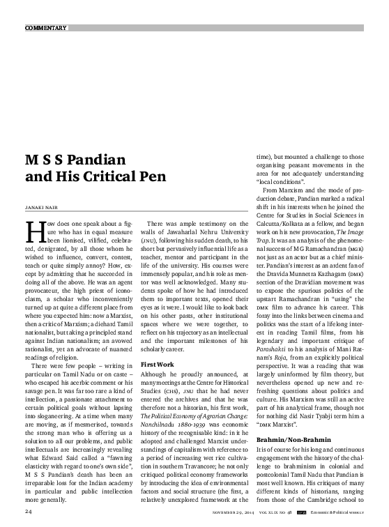 (PDF) Obituary: MSS Pandian and His Critical Pen