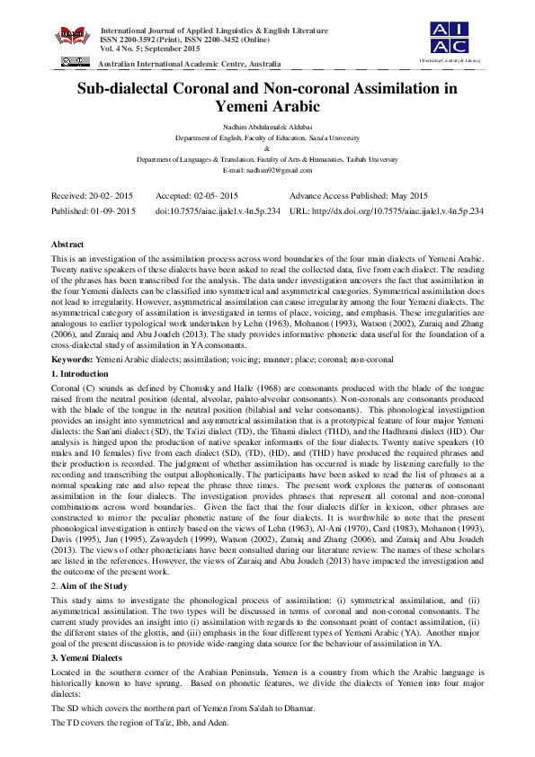 (PDF) Sub-dialectal Coronal and Non-coronal Assimilation in Yemeni Arabic