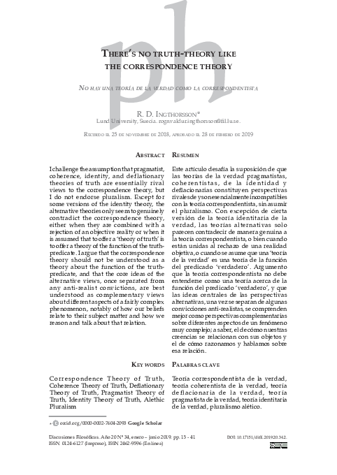 (PDF) There's no Truth–Theory Like the Correspondence Theory
