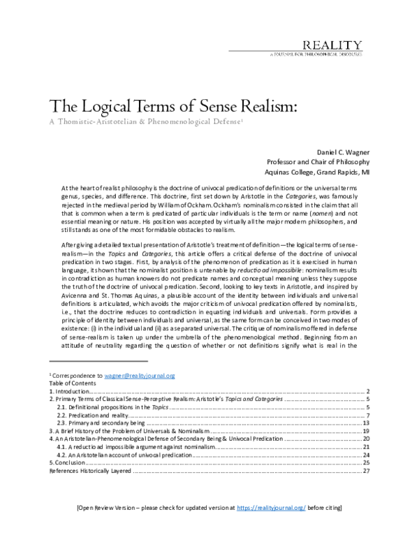 (PDF) The Logical Terms of Sense Realism: A Thomistic-Aristotelian ...