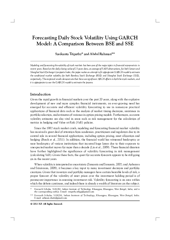 Pdf Forecasting Daily Stock Volatility Using Garch Model A Comparison Between Bse And Sse