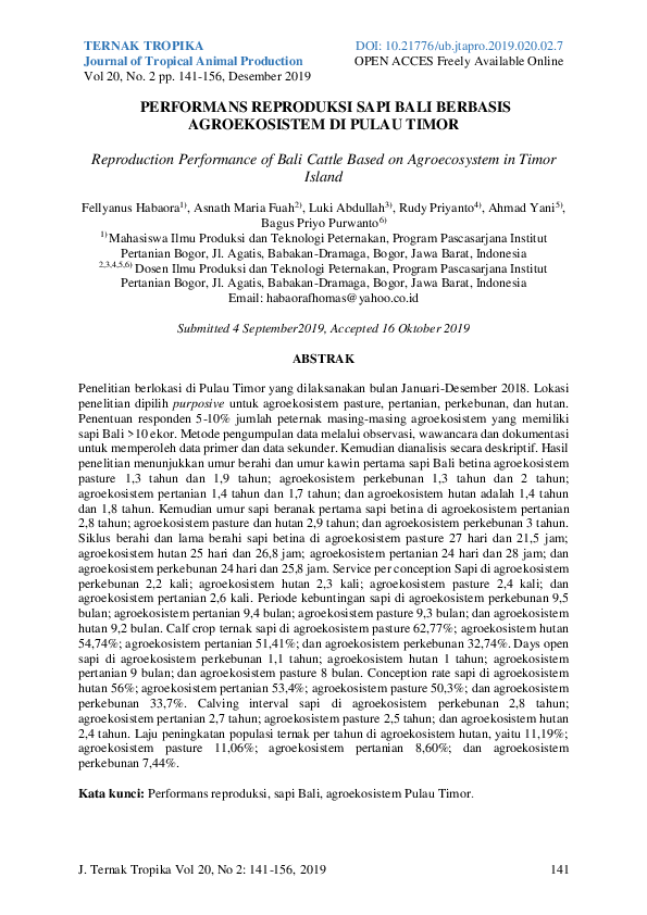 (PDF) PERFORMANS REPRODUKSI SAPI BALI BERBASIS AGROEKOSISTEM DI PULAU TIMOR Reproduction ...