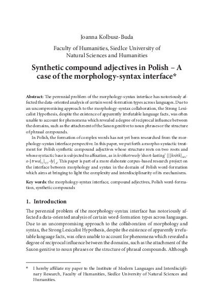(PDF) Synthetic compound adjectives in Polish - A case of the morphology-syntax interface