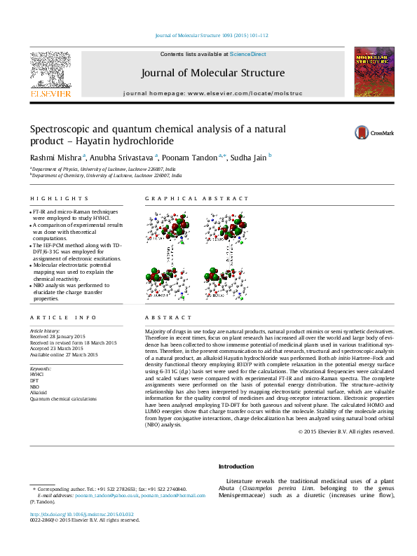 (PDF) Spectroscopic and quantum chemical analysis of a natural product -Hayatin hydrochloride ...