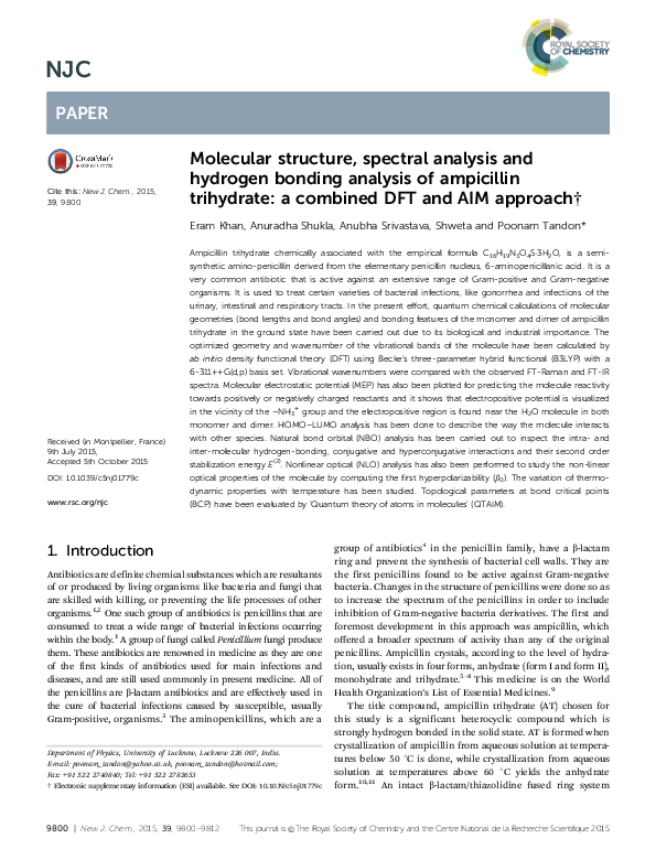 (PDF) Molecular structure, spectral analysis and hydrogen bonding analysis of ampicillin ...