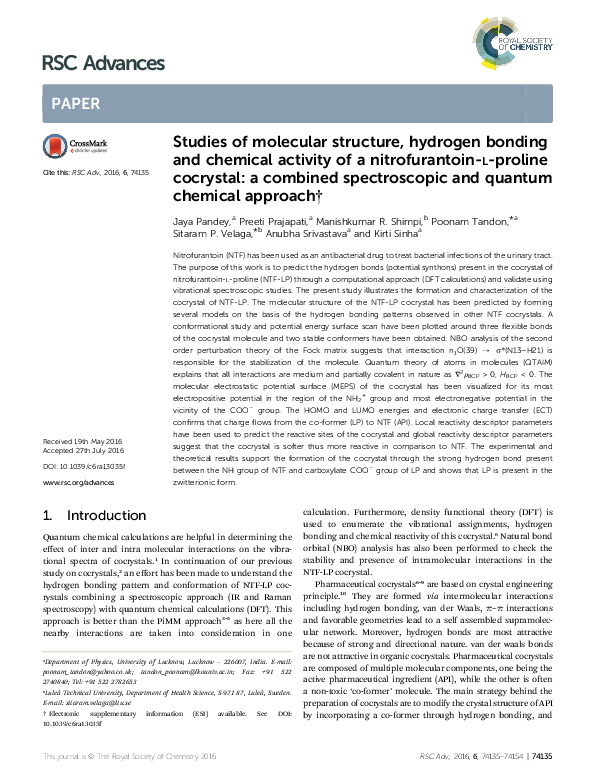 (PDF) Studies of molecular structure, hydrogen bonding and chemical activity of a nitrofurantoin ...
