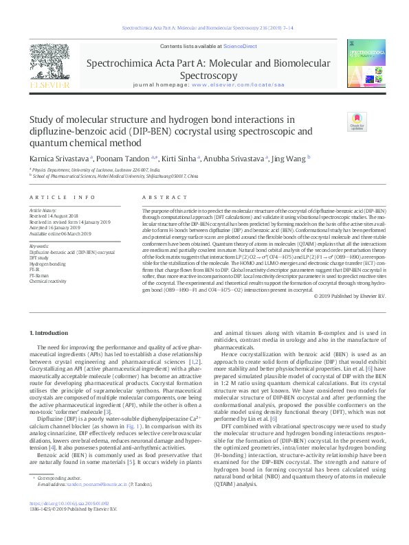 (PDF) Study of molecular structure and hydrogen bond interactions in dipfluzine-benzoic acid ...