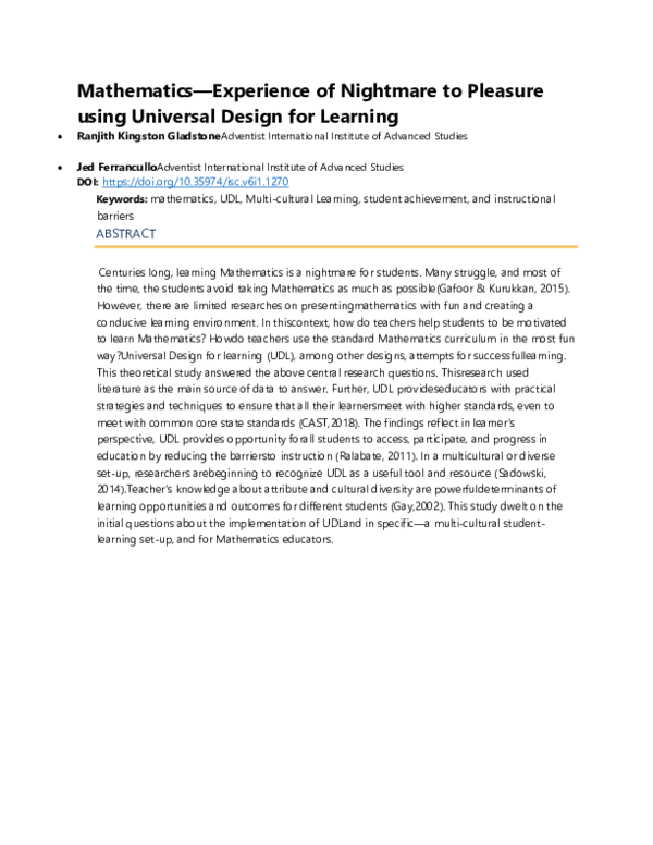 (DOC) Mathematics-Experience of Nightmare to Pleasure using Universal ...