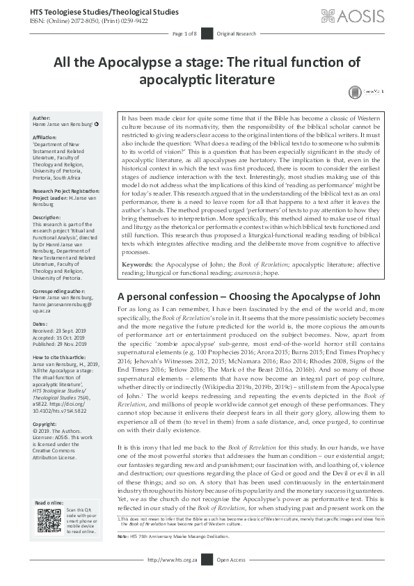 (PDF) All the Apocalypse a stage: The ritual function of apocalyptic ...