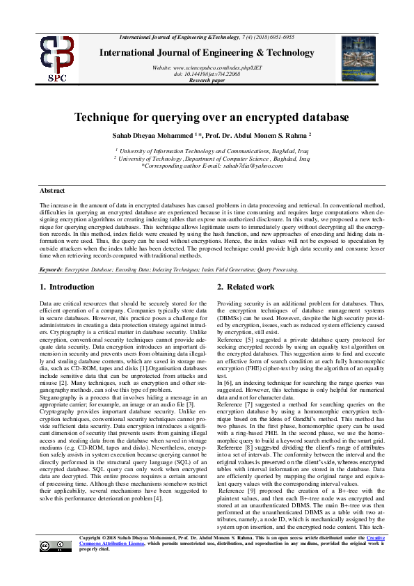 (PDF) Technique for querying over an encrypted database