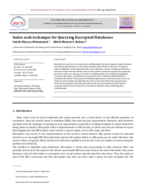 (PDF) Index seek technique for Querying Encrypted Databases