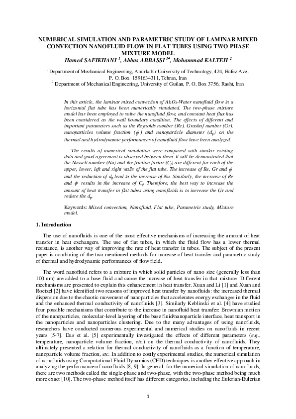 (PDF) Numerical simulation and parametric study of laminar mixed convection nanofluid flow in ...