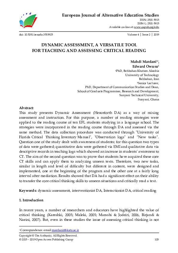 (PDF) DYNAMIC ASSESSMENT, A VERSATILE TOOL FOR TEACHING AND ASSESSING ...
