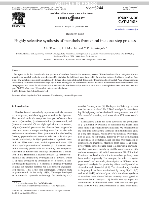 (PDF) Highly selective synthesis of menthols from citral in a one-step ...