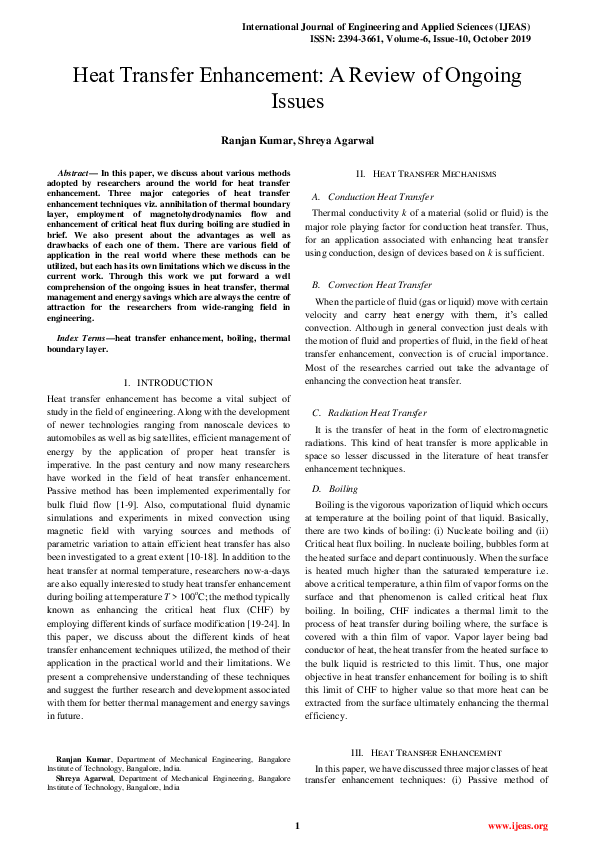 (PDF) Heat Transfer Enhancement: A Review of Ongoing Issues