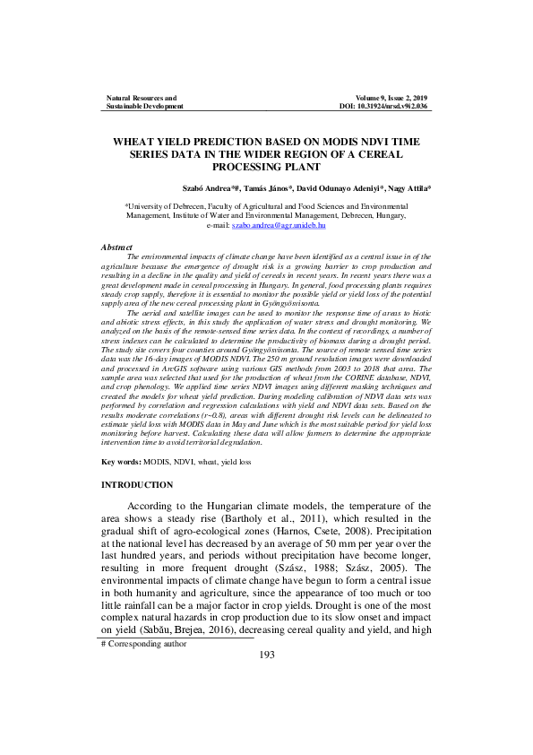 (PDF) Natural Resources and Sustainable Development WHEAT YIELD PREDICTION BASED ON MODIS NDVI ...