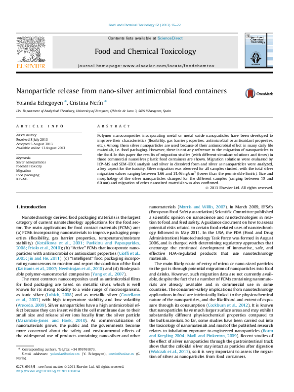 (PDF) Nanoparticle release from nano-silver antimicrobial food containers