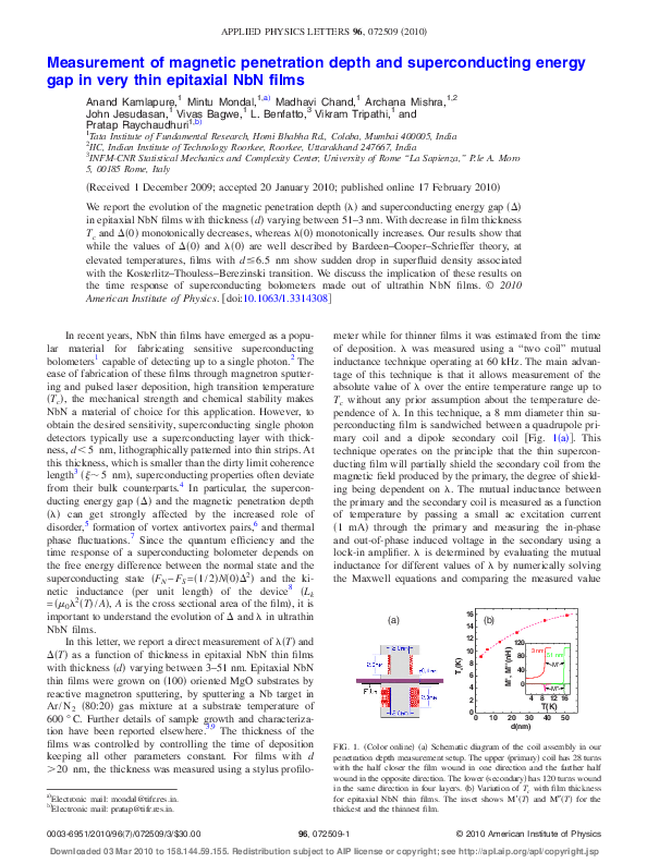 (PDF) Measurement of magnetic penetration depth and superconducting energy gap in very thin ...